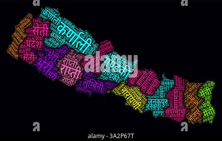 Nepal regions map word cloud. Nepal region names. Black and white map ...