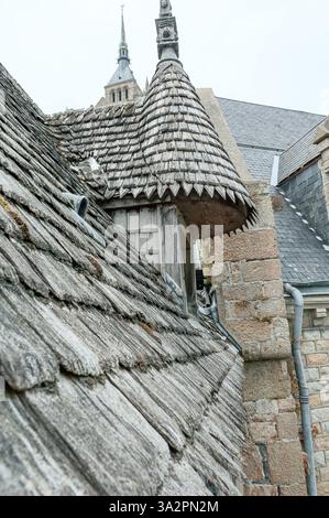 Roofs constructed of wooden shingles in Mont-Saint Michel in France ...