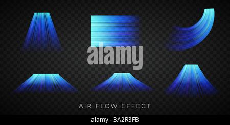 Freshness effect, blue air or wind flow with green leaves. Glow circle ...
