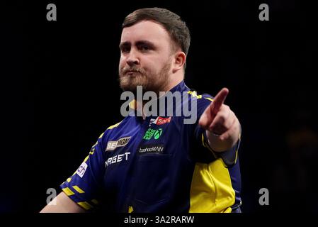 Luke Littler celebrates during night six of the BetMGM Premier League ...