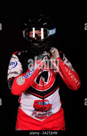 Manchester, UK. 12th Mar, 2025. Belle Vue Aces Press Day 2025 - Mason ...