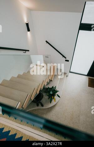 Glass Railing on Wooden Staircase Stock Photo - Alamy