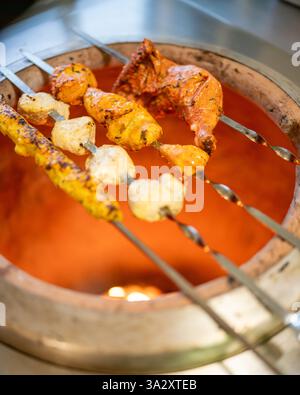 Chicken, fish, and paneer tikka are cooking in a traditional clay ...