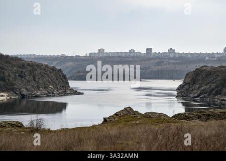 Apartment blocks are pictured from the Vyrva tract in Zaporizhzhia ...