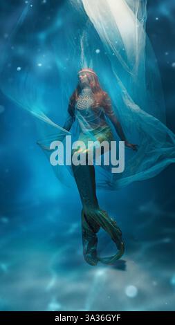 Mermaid with a glowing tail swimming in the waters of Yucatan Peninsula ...