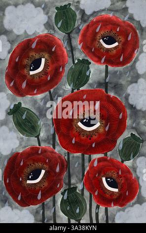 red flowers in the rain and water watercolor background Stock Photo - Alamy