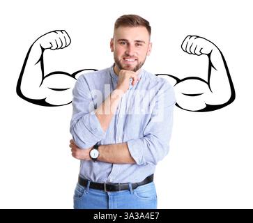 happy powerful hipster male with beard on yellow background, power ...