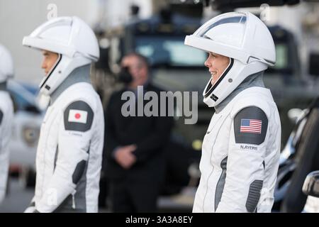 Roscosmos cosmonaut Kirill Peskov, left, NASA astronauts Nichole Ayers ...