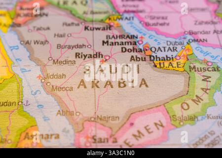 close up of a world map with saudi arabia jeddah makkah madina in focus ...