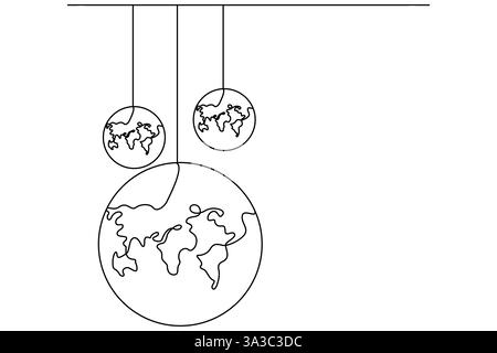 Continuous single line earth hour globe world map outline vector ...