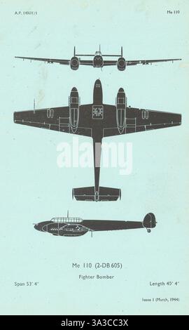 Messerschmitt Me 110 Fighter Bomber. Aircraft recognition photos 1944 print Stock Photo - Alamy