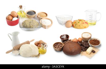 Different types of dough and ingredients isolated on white, set Stock ...