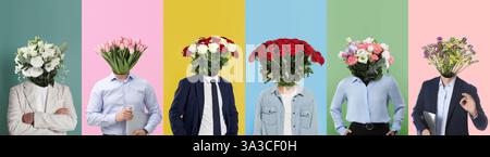 Art collage. People with bouquets of flowers instead of their heads on ...