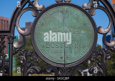 The bas relief bronze Bostonia sign at the public garden in Boston ...