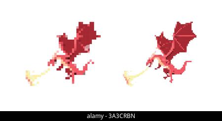 Pixel art of two red dragons breathing fire together in a unique ...