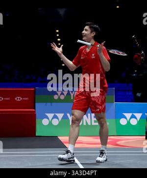 Birmingham, Britain. 15th Mar, 2025. Feng Yanzhe (L)/Wei Yaxin compete ...