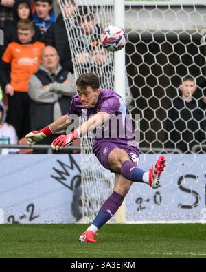 Harry Tyrer of Blackpool clears down field during the Sky Bet League 1 ...