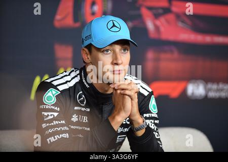 Mercedes driver George Russell of Britain steers his car during the ...