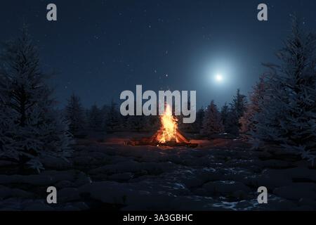 bonfire with sparks in front of snowy pine trees and moonlight sky. 3D ...