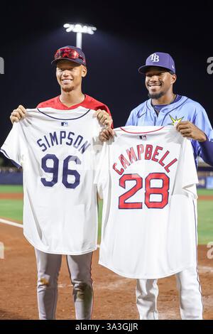 Tampa Bay Rays' Chandler Simpson takes the field for his major league debut in a baseball game ...