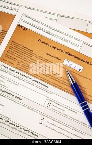 Close-up. Background. PIT-37. Polish tax return form for 2024 (called ...