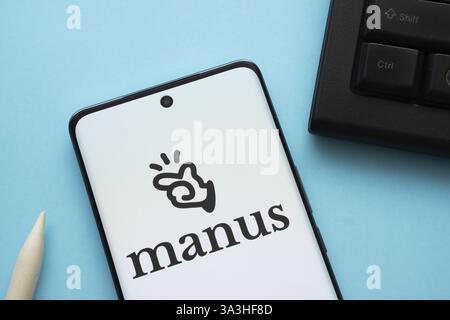 Manus Ai logo is seen on a smartphone, with the DeepSeek website ...