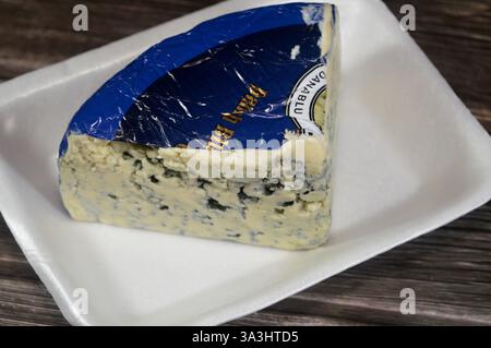 Cairo, Egypt, March 7 2025: Danablu, Danish Blue Cheese, a strong, blue ...