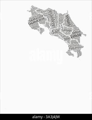 Costa Rica regions map word cloud. Costa Rica region names. Black and ...