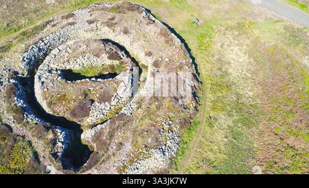 Aerial view of Ballowall barrow chambered cairn or tomb. AKA Carn Gluze ...