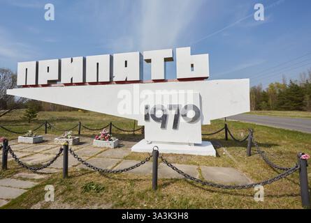 The iconic entrance sign of Pripyat, Ukraine, established in 1970 ...