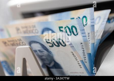 Young hispanic man holding 500 mexican pesos banknotes celebrating ...