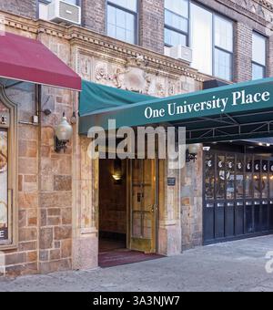 Canopied entrance at 1 University Place, an Emery Roth-designed ...