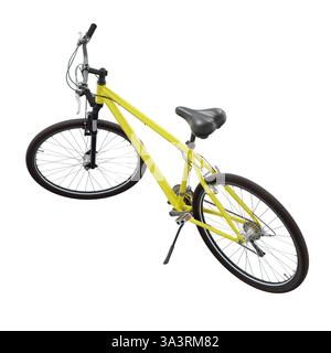 Yellow bicycle standing on kickstand, side view isolated on white ...