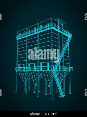 Stylized vector illustration of industrial dust collector blueprint ...