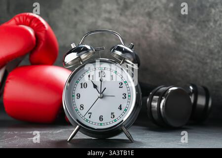 Alarm clock, boxing gloves and dumbbells on black background, flat lay ...