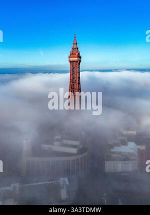 An aerial view of Blackpool Tower surrounded by fog. Picture date ...