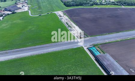 aerial view of RAF Melbourne forma ww2 military airfield main runway ...