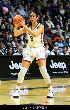 UConn center Jana El Alfy (8) controls the ball during the first half against Oklahoma in the ...