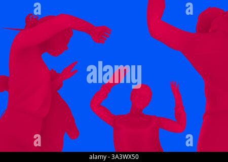 a group of young people dancing, contrasting appearance, red and blue ...