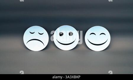 Three White Emotion Faces Displaying Sad, Neutral, and Happy ...