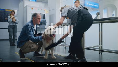 Mature Man with Pet During Screening Procedure in Airport Terminal ...