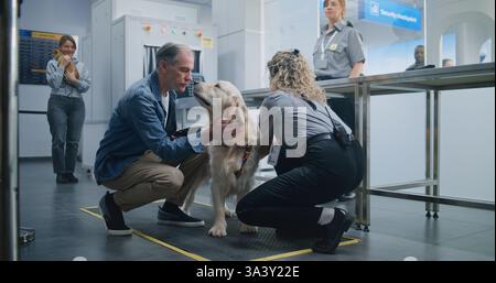 Mature Man with Pet During Screening Procedure in Airport Terminal ...