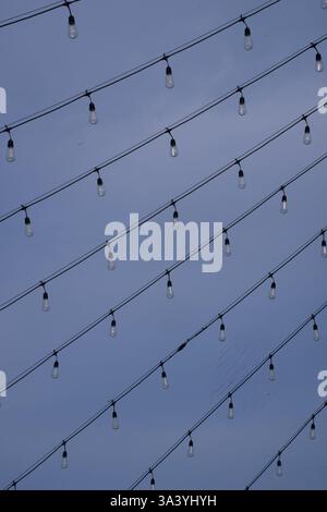 Multiple wire lines of light bulbs hanging from wires in a diagonal ...