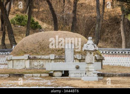 Chungju, South Korea, December 18, 2018: Burial mound surrounded by ...