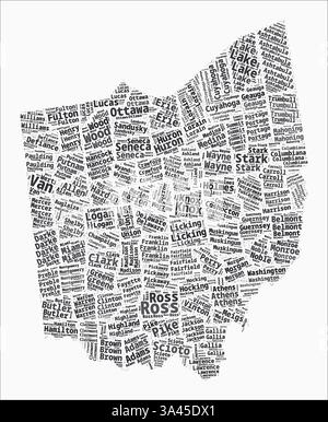 Ohio counties map word cloud. Ohio region names. Black and white map ...