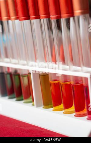 Close up of assorted glassware and test tubes with blood samples on ...