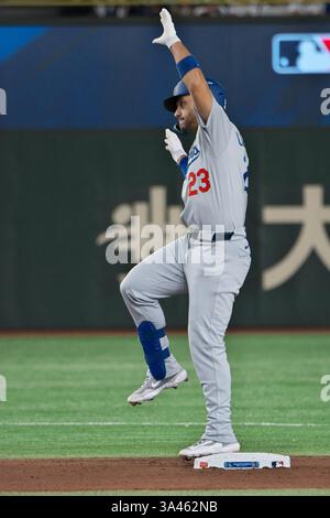 Los Angeles Dodgers' Michael Conforto in the dugout prior to a baseball ...