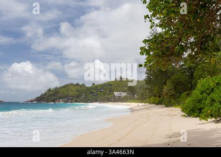 Landscape of a beach surrounded by the sea under a blue cloudy sky ...