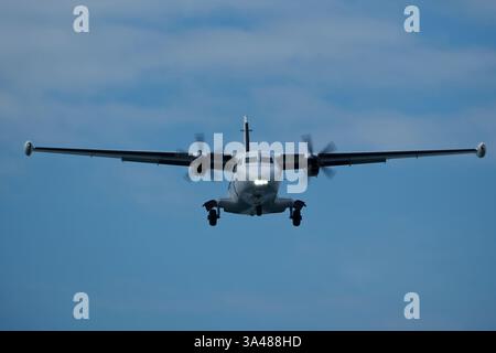 The L410 aircraft prepares for landing. Twin-engine short-range ...