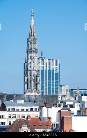 Town hall gothical tower and contemporary finance tower in the ...